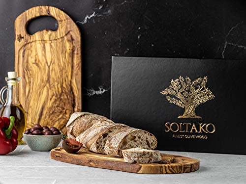 SOLTAKO Olive Wood Cutting Steak Board, Wooden Charcuterie Board, Large Cheese Board, Hand Made Serving Platter, Rustic Chopping Board with Juice Groove, Chopping Board with Handle (17,7")