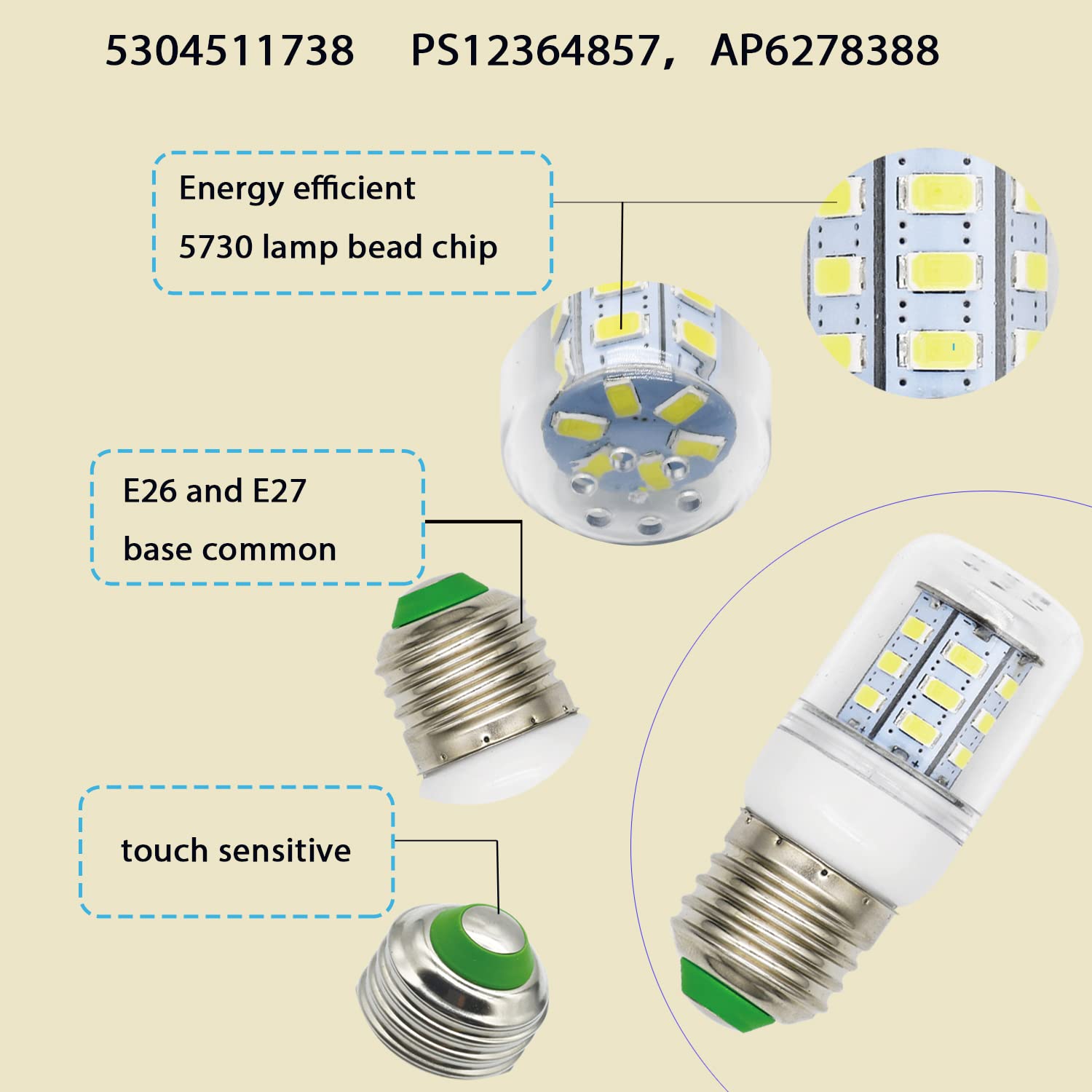 kzfuli 5304511738 LED Refrigerator Light Bulb Replacement AP6278388 PS12364857 Accessories. Compatible with Frigidaire Electrolux and Kenmore Refrigerators. 6500K White Light 3.5W(1Pack)