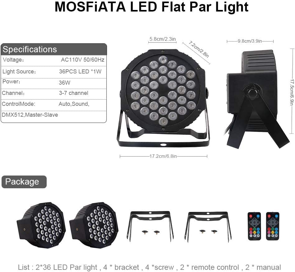 MOSFiATA Par Lights 2 Pack, RGB 36 LED Stage Lights Sound Activated DMX Control, 7 Modes Uplighting Lights with Remote Control Stage Lighting, DJ Par Party Lights for Club KTV Disco Party