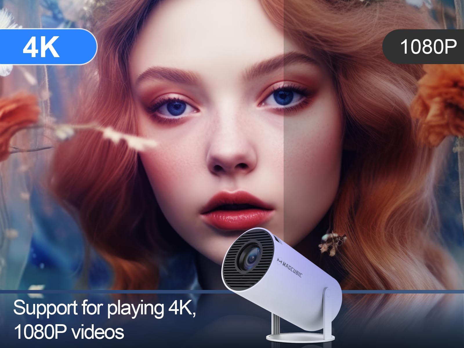 Mini Projector, Magcubic HY300 Auto Keystone Correction Portable Projector, 4K/ 200 ANSI Smart Projector with 2.4/5G WiFi, BT 5.0, 130 Inch Screen, 180 Degree Flip, Round Design, Home Video Projector