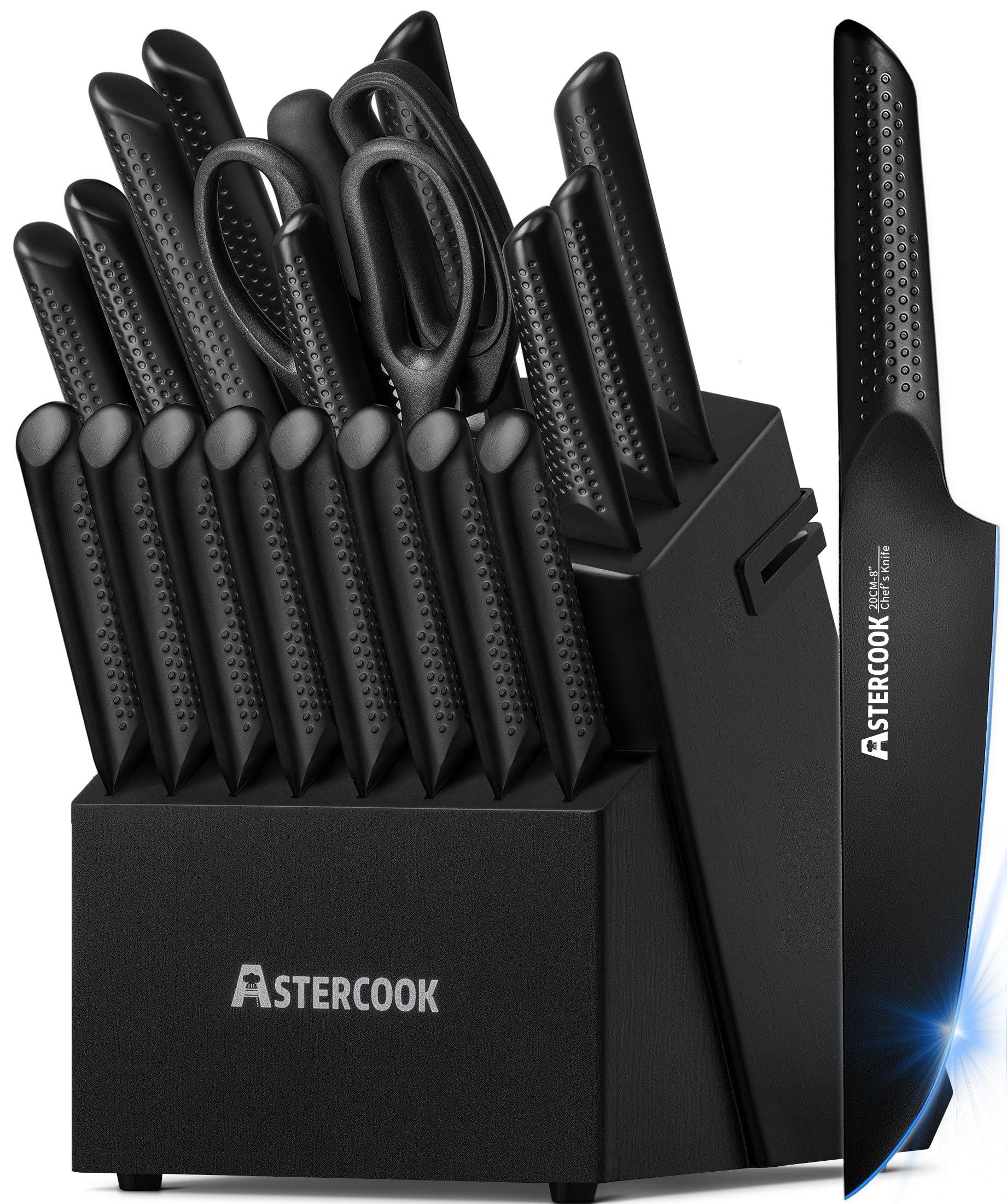 Knife Set, 21 Pieces Chef Kitchen Knife Set with Block, Built-in Knife Sharpener, German Stainless Steel Knife Block Set, Dishwasher Safe, Elegant Black