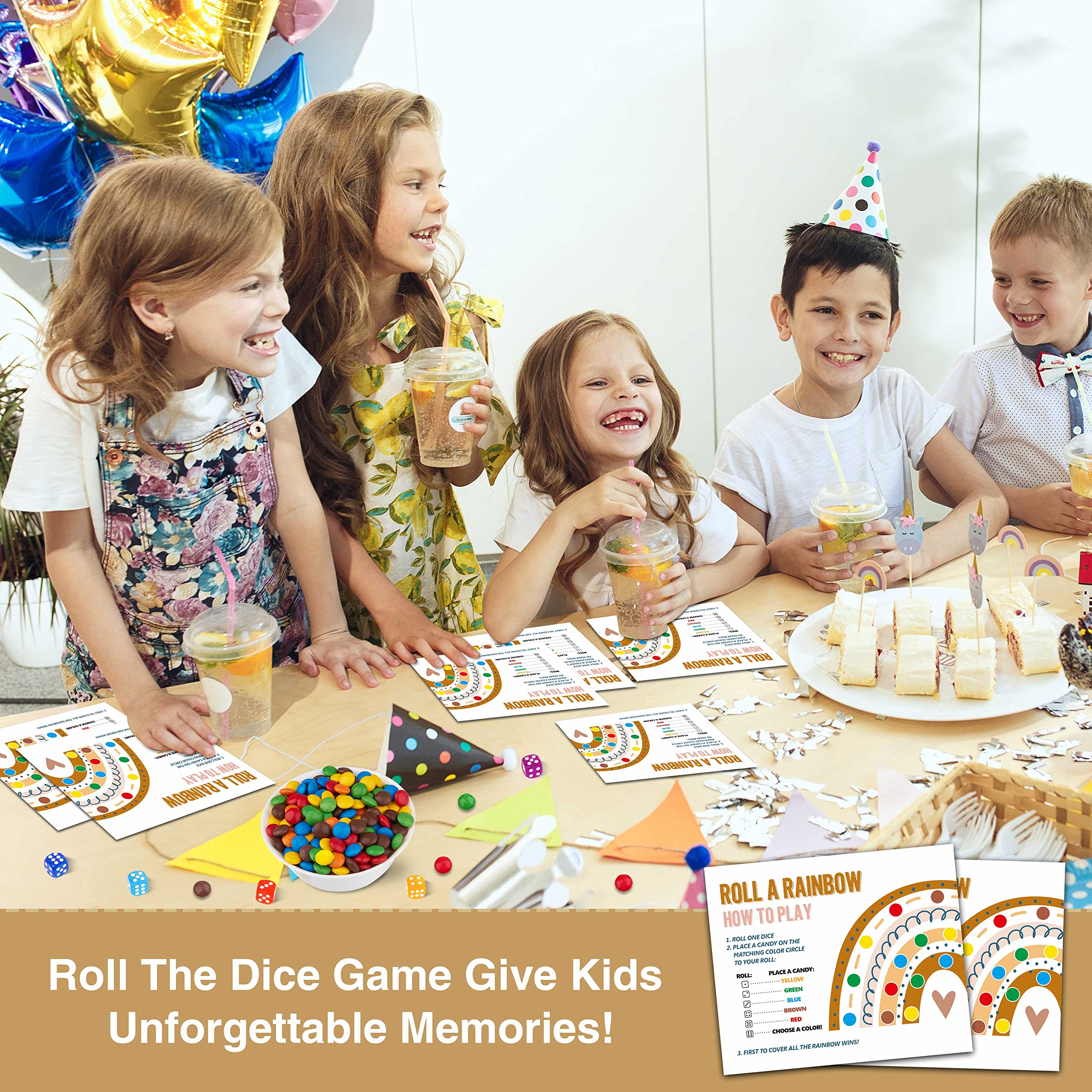 Roll The Dice Game, Baby Shower and Birthday Party Kids Table Game, Roll A Rainbow, 20 Play Cards 20 Colored Dices (ONE-b05)