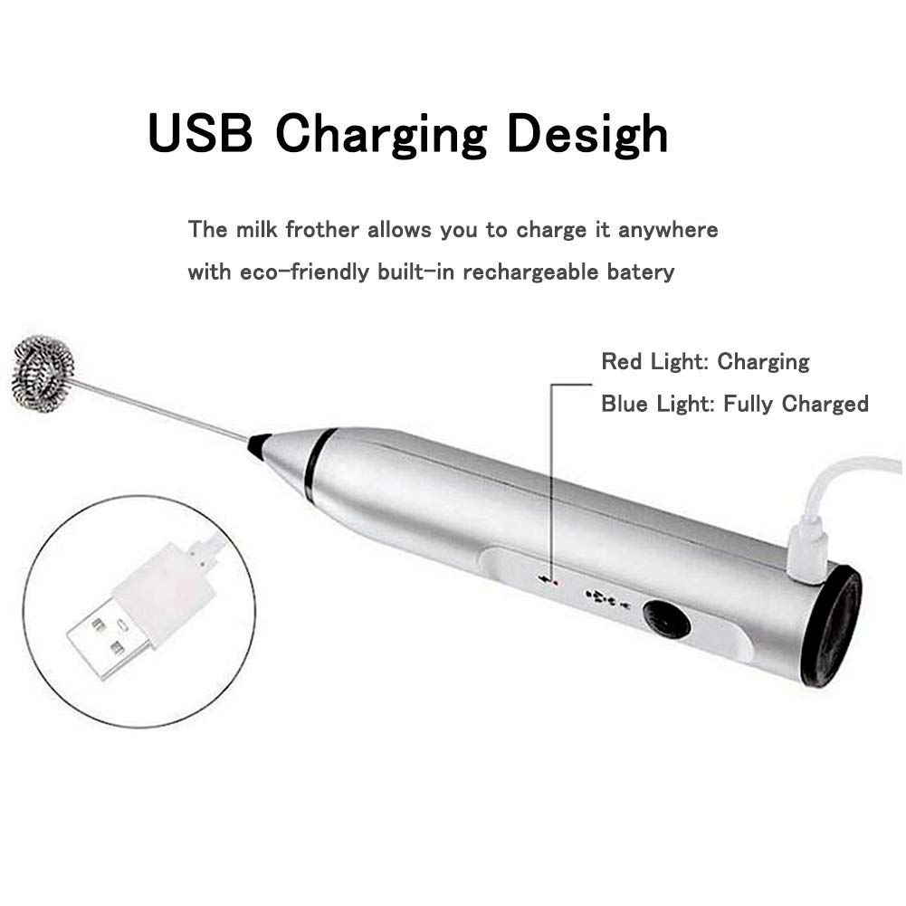 Milk Frother Handheld Foam Maker USB Rechargeable Coffee Frother with 2 Stainless whisks,3-Speed Adjustable Mini Blender for Cappuccino, Latte, Bulletproof Coffee, Egg Mix, Matcha, Hot Chocolate