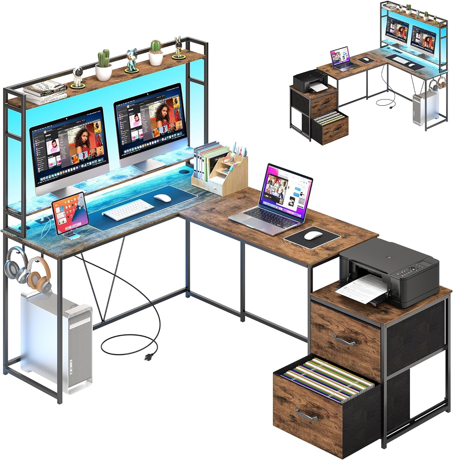 L Shaped Desk with File Drawers & Storage Shelves, 67" Gaming Desk with Power Outlets & LED Lights - Reversible Corner Computer Desk for Home Office with Monitor Shelf, Printer Shelf, Rustic Brown