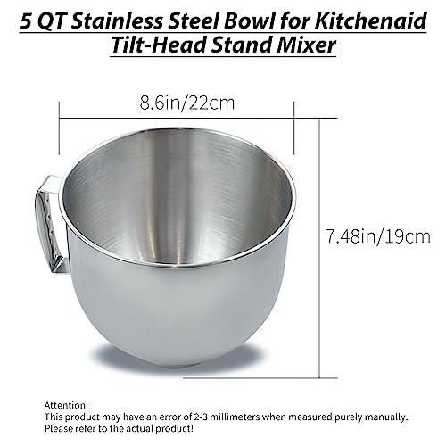 Mixer Bowl for KitchenAid 4.5-5 Quart Tilt-Head Stand Mixer Stainless Steel Mixing bowl with handle,5Qut