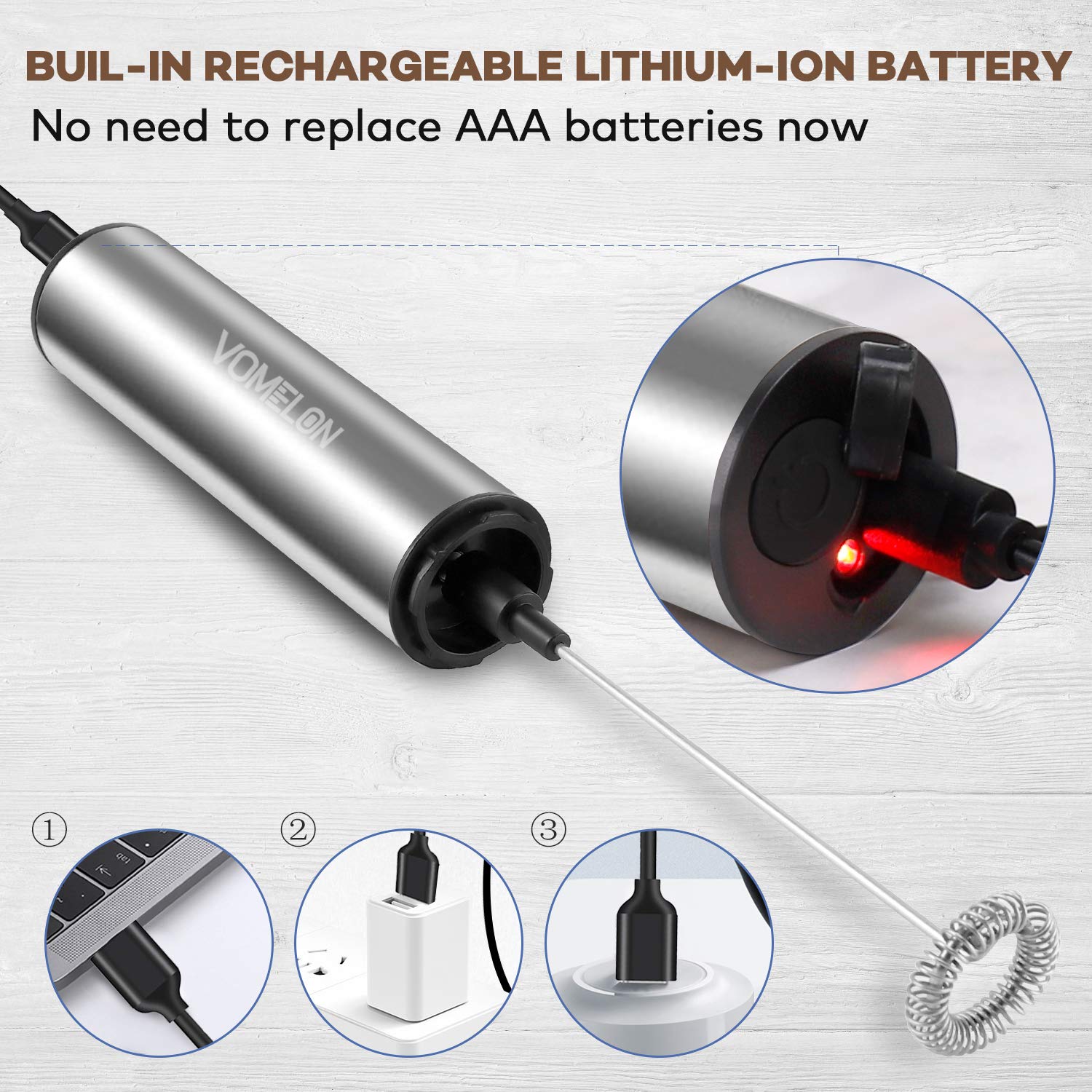 Milk Frother,Rechargeable 3 Speed Electric Coffee Foamer for Travel, Handheld Drink Mixer for Latte, Cappuccino, Coffee, Eggs, Hot Chocolate, Protein,Silver