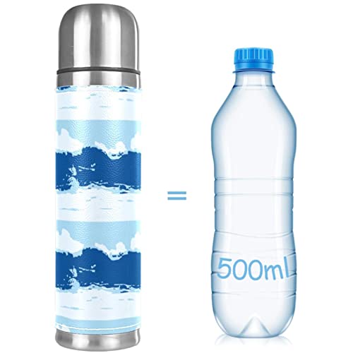 Stainless Steel Leather Vacuum Insulated Mug Blue Wave Thermos Water Bottle for Hot and Cold Drinks Kids Adults 16 Oz