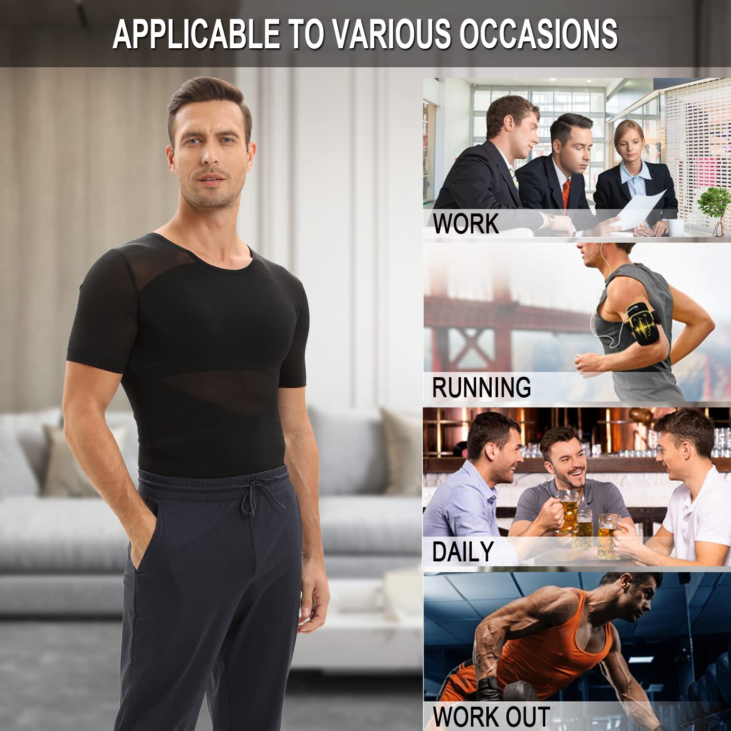 PODFAN Men's Body Shaper Short Sleeve, Men's Compression Body Shaper Short Sleeves,Mens Seamless Compression Shirt Black