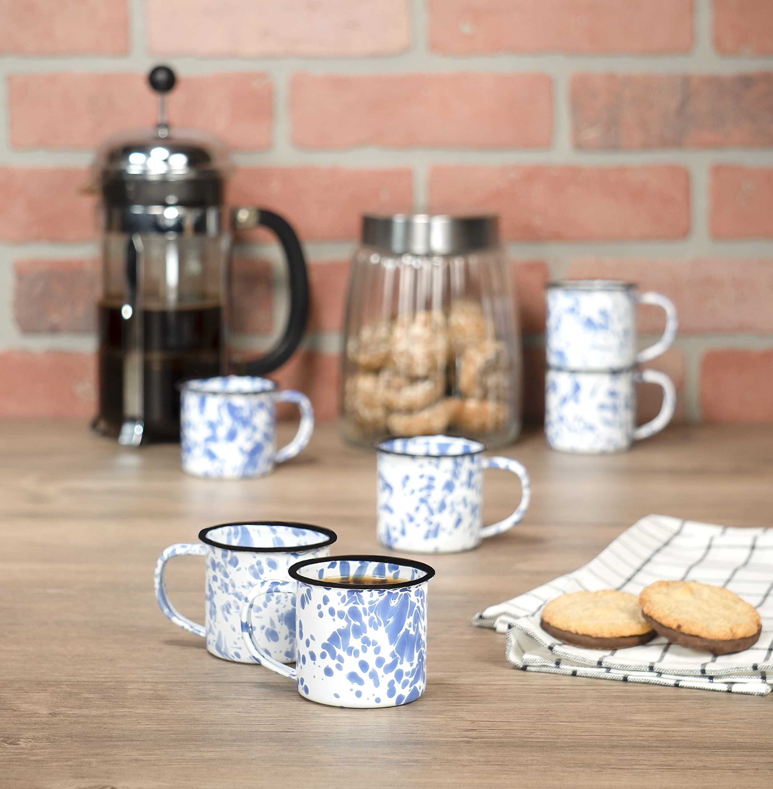 Red Co. Set of 6 Enamelware Metal Small Classic 5 Oz Round Coffee and Tea Mug with Handle, Navy Blue Marble/Black Rim – Splatter Design