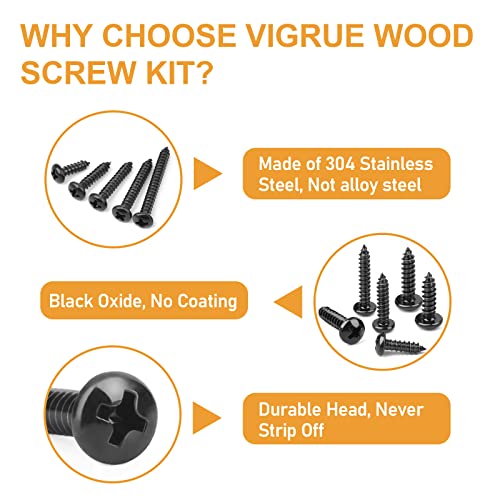 VIGRUE 260PCS #6#8 Black Wood Screw Assortment Kit, 304 Stainless Steel Pan Head Self Tapping Screws, Black Oxide