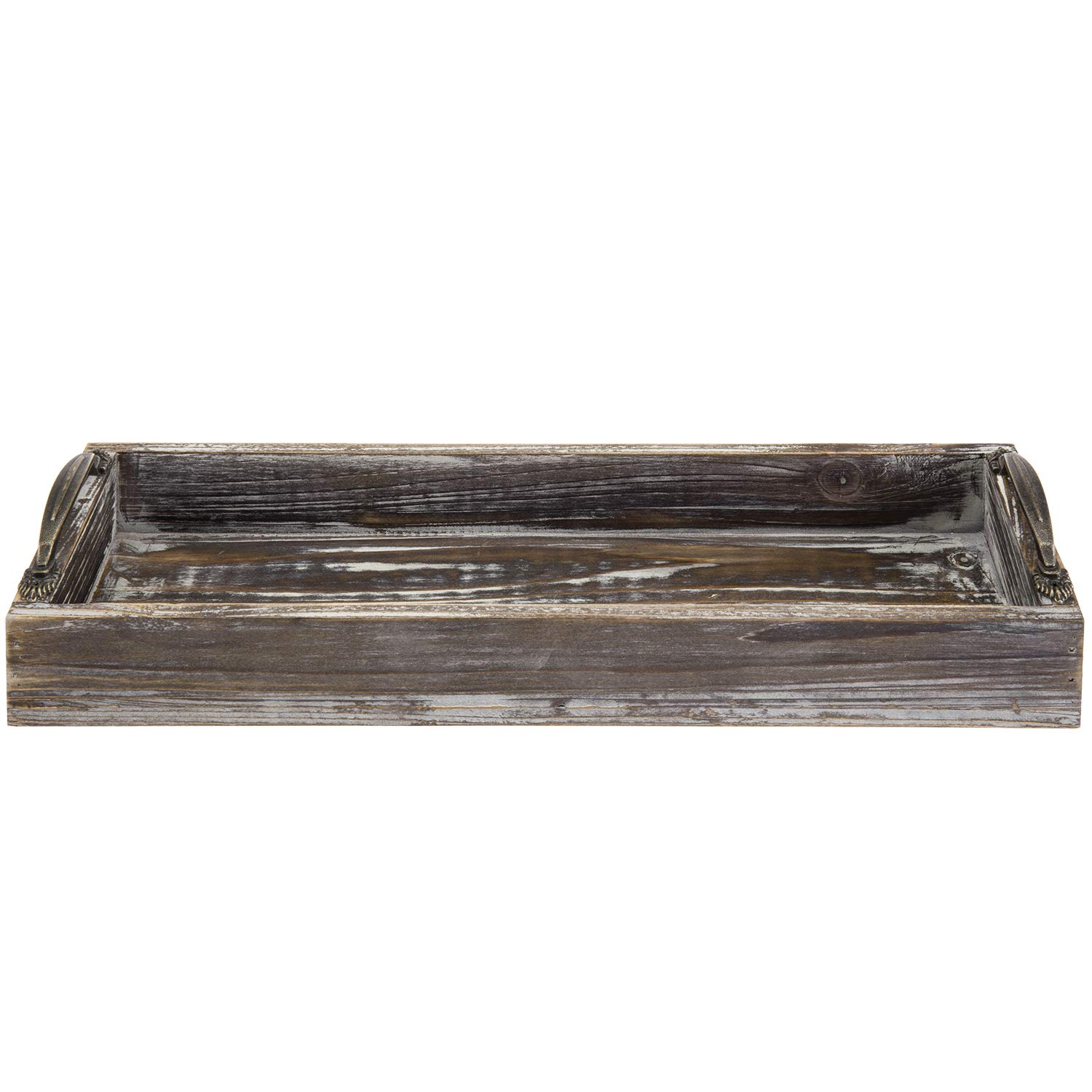 MyGift 16-inch Torched Wood Serving Tray with Decorative Antique Metal Handles | Farmhouse Decor Rectangular Butler Tray | Coffee Table/Dining Table Centerpiece Candle Holder Tray