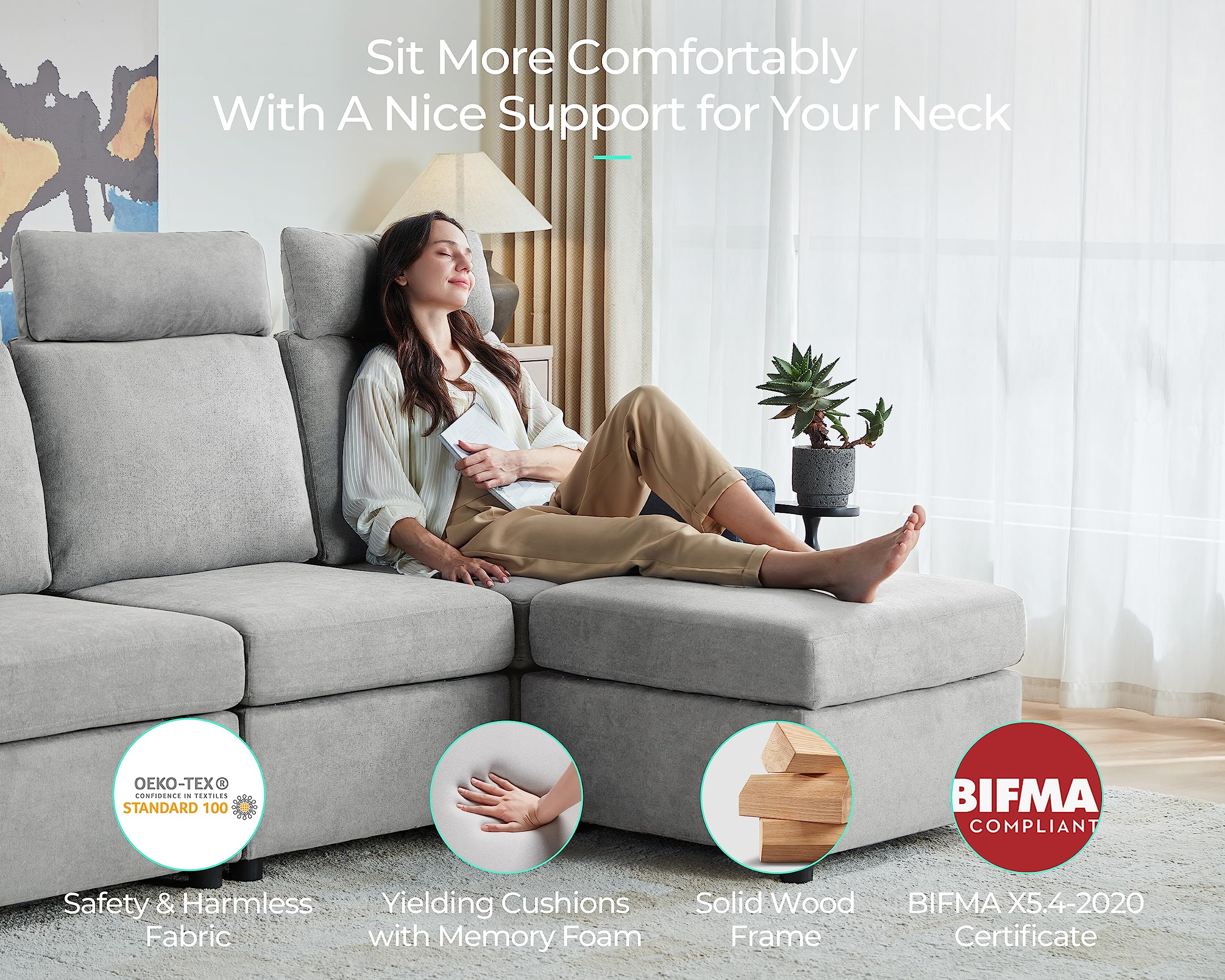 LINSY HOME Modular Sectional Sofa, Upgraded High Back Sectional Couch with 4 Headrests, L Shaped Sofa Bed with Storage, Sofa Covers Removable, 5 Seat Couch with Ottoman for Living Room, Grey