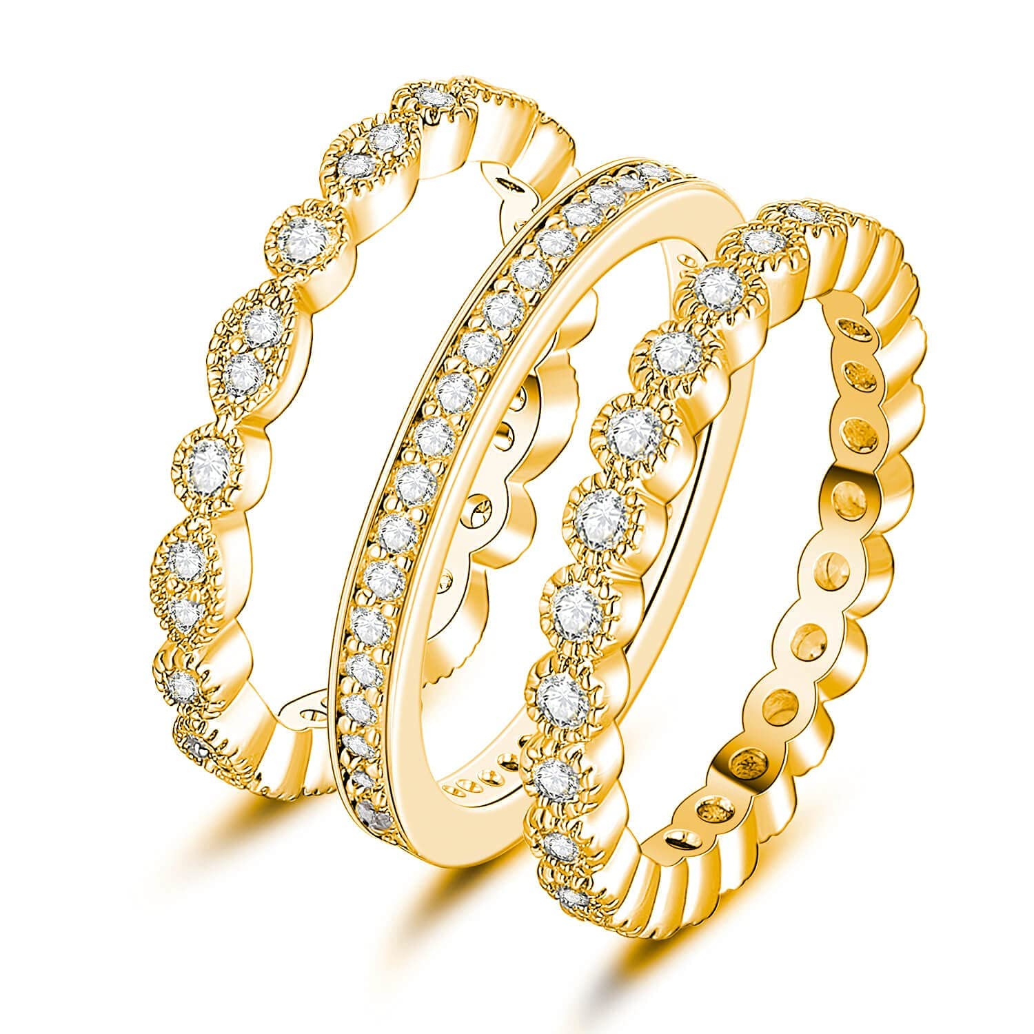 OPOMOMO 3Pcs 2mm Women Stackable Eternity Ring Wedding Bands,18K Gold Plated Cubic Zirconia Promise Rings Set 7
