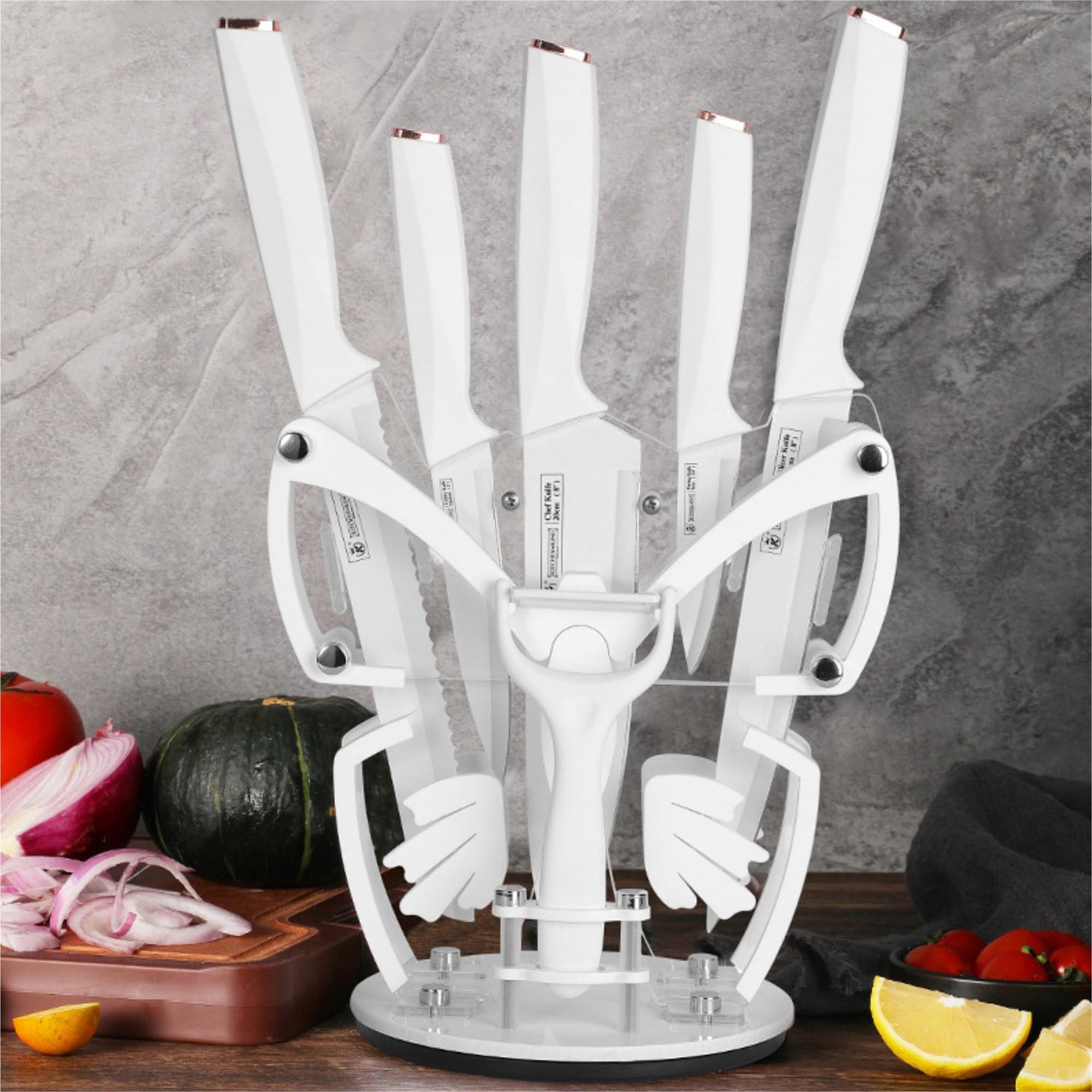 Knife Set,7pcs Kitchen Knives Set With Block & Sharpener Stainless Steel White Acrylic Rotatable Knife Holder,Dishwasher Safe Home Essentials for New