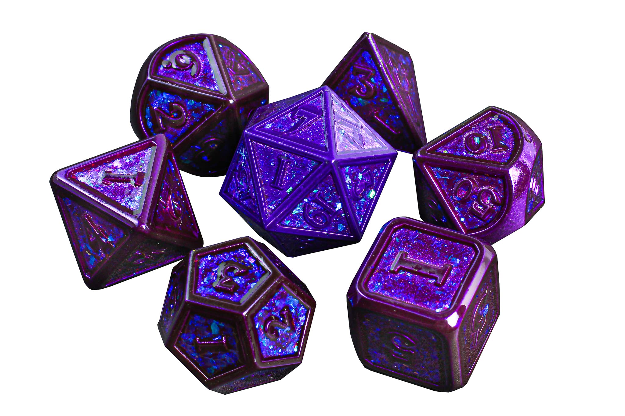 Purple Astro Light DND Metal Dice Set for Dungeons and Dragons, Gifts, D&D, D and D, Pathfinder, Accessories, D20, Polyhedral, Resin Dice, Metal, Dice Tray, Tower, Bag, Box