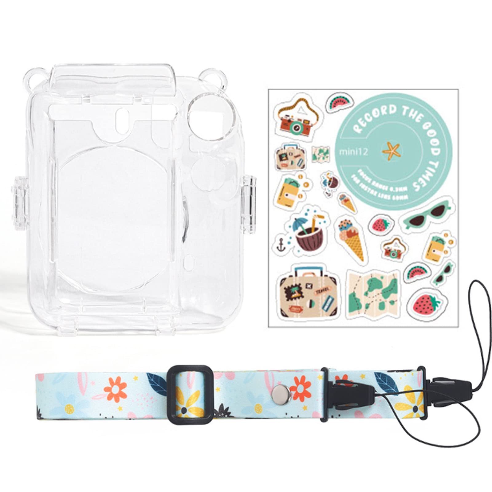 Ngaantyun Mini 12 Clear Case Bundle Kit for Fujifilm Instax Mini 12 Instant Camera Case with Film Pocket Pictures Holder, Stickers Skin Decal, Adjustable Shoulder Strap Accessories