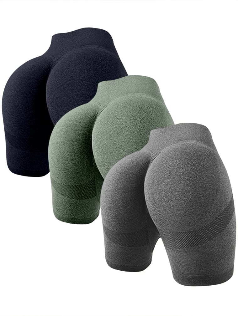 OQQ Women's 3 Piece Butt Lifting Yoga Workout High Waist Tummy Control Ruched Booty Pants Shorts, Black Armygreen Grey, Large