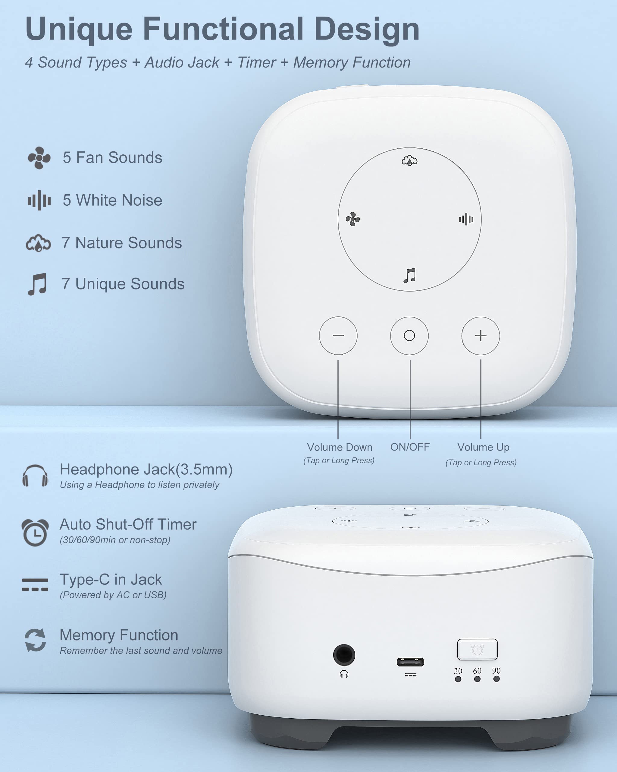 White Noise Machine, Sleep Sound Therapy with 24 Soothing Sounds for Adults Baby Sleeping,3 Auto-Off Timer, Memory Function Sleeping Sound Machine for Nursery Office Home, AC Powered-White