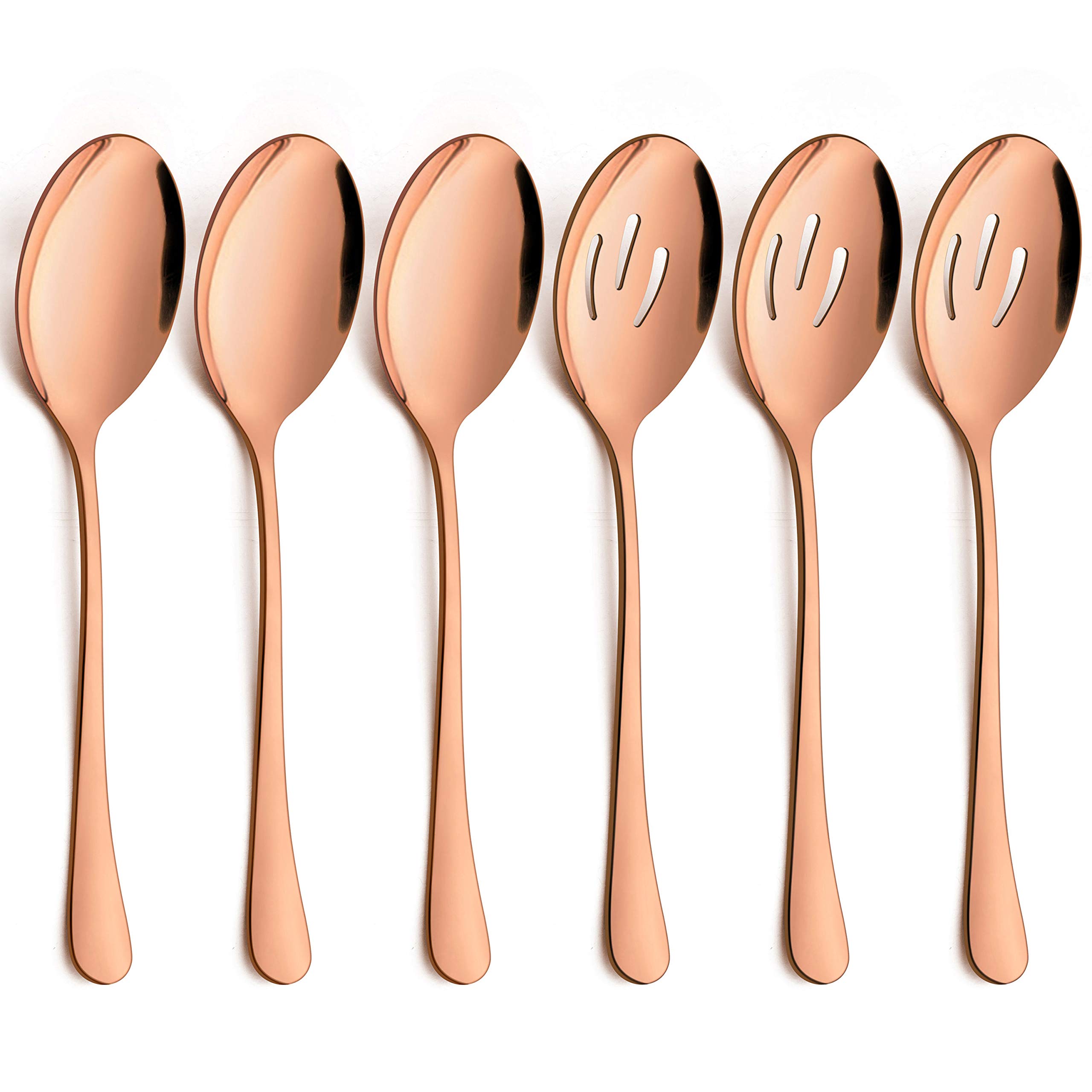 LIANYU 6-Piece Copper Serving Spoons, Copper Slotted Serving Spoons, Stainless Steel Rose Gold Serving Utensils for Party Buffet Restaurant Banquet Dinner Catering, 8 3/4 Inch, Dishwasher Safe