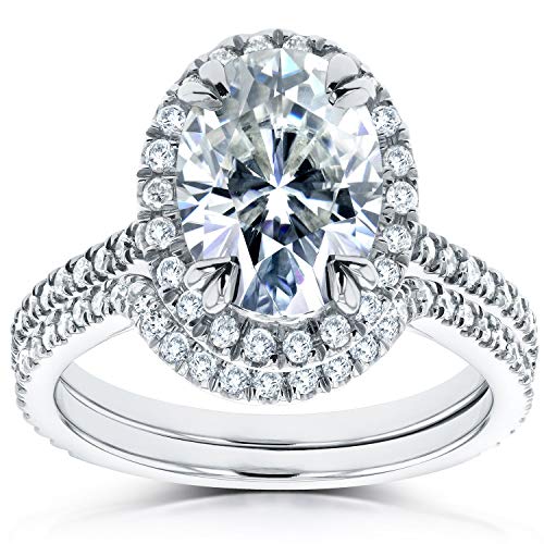 Kobelli Forever One Oval Moissanite and Lab Grown Diamond Halo Bridal Rings Set 2 CTW 14k White Gold (DEF/VS, DEF/VS), 6
