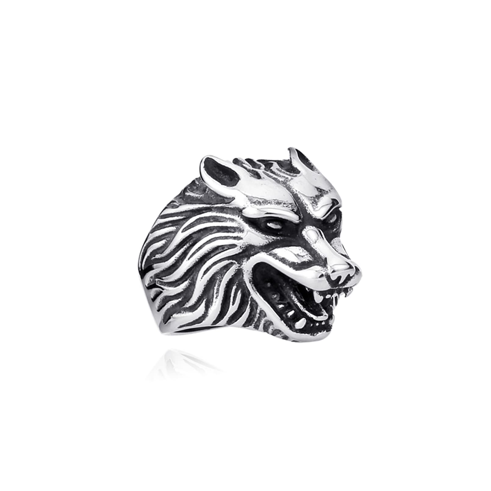 Nsitbbuery Hip Hop Jewelry Biker Ring Stainless Steel Wolf Head Band Ring(Steel(11))