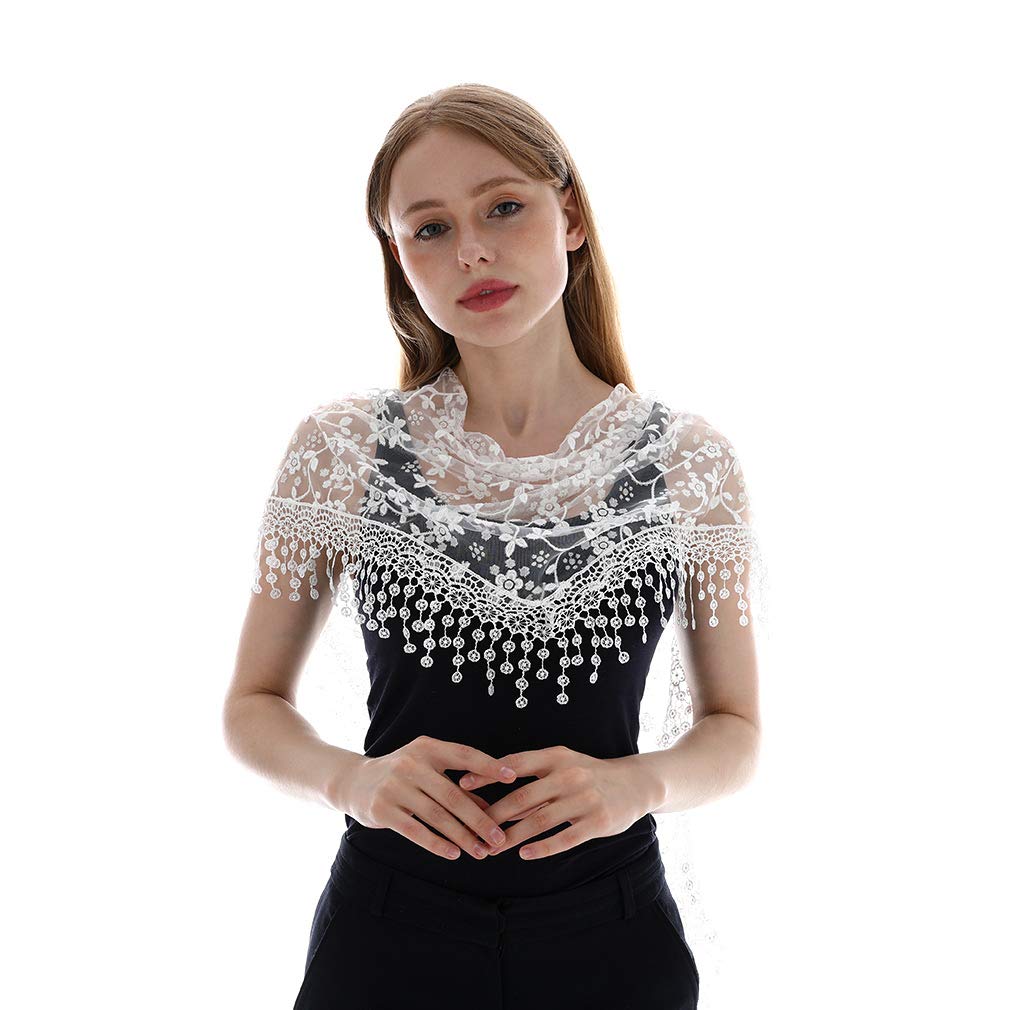 LMVERNA Cathedral Veil Triangle Shape Veil Fringe Lace for Mass Wedding Bridesmaids (White)
