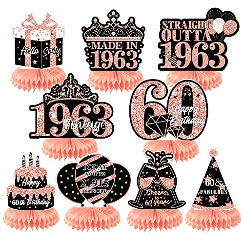 NICOWARM 9PCS Rose Gold 60th Birthday Decorations, Party Supplies Honeycomb Centerpieces for Women, Vintage 1963 Aged to Perfection Centerpiece for Table Topper, 60 Years Old Birthday Table Sign Décor