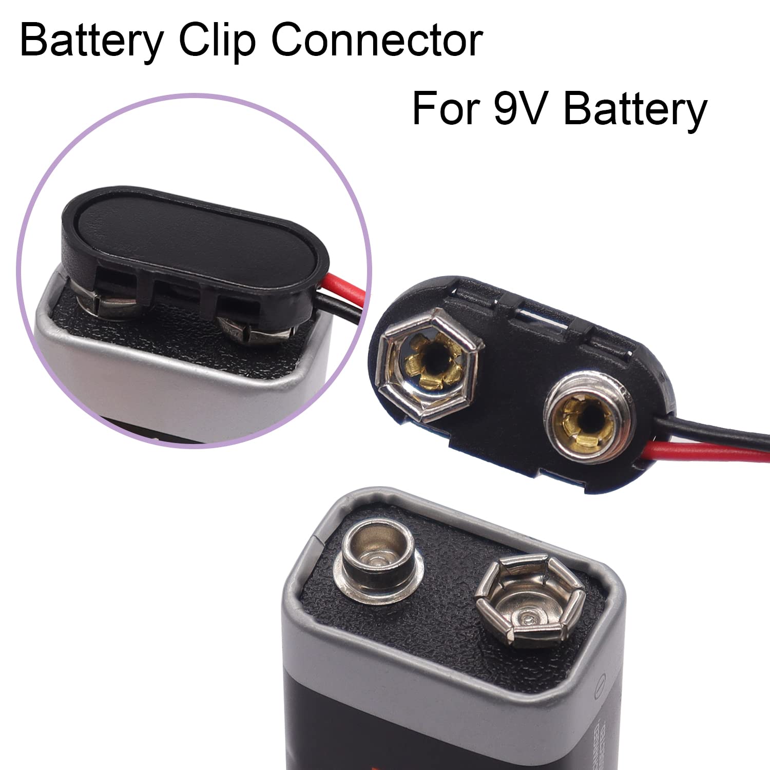 TWTADE 8pcs I-Type Battery Clip Connector 9V with Hard Plastic Shell and Red Black Wires H-022