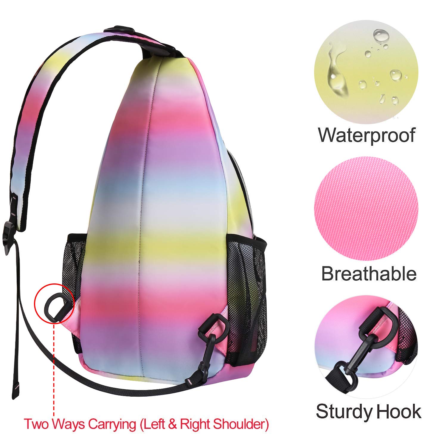 MOSISO Sling Backpack,Travel Hiking Daypack Pattern Rope Crossbody Shoulder Bag, Rainbow