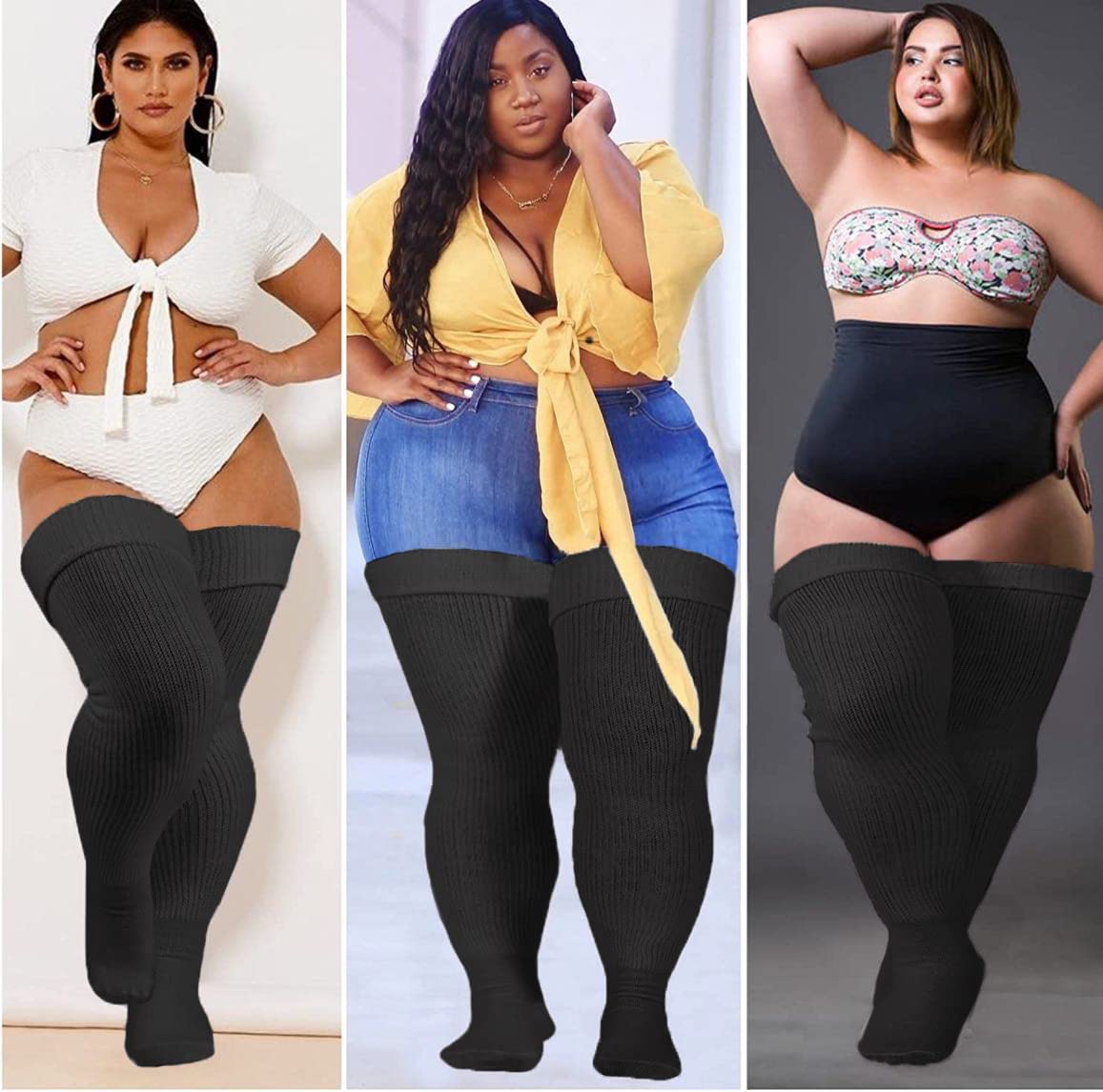 Plus Size Womens Thigh High Socks for Thick Thigh Extra Long Over the Knee Stockings Leg Warmers Boot Socks Black White One Size