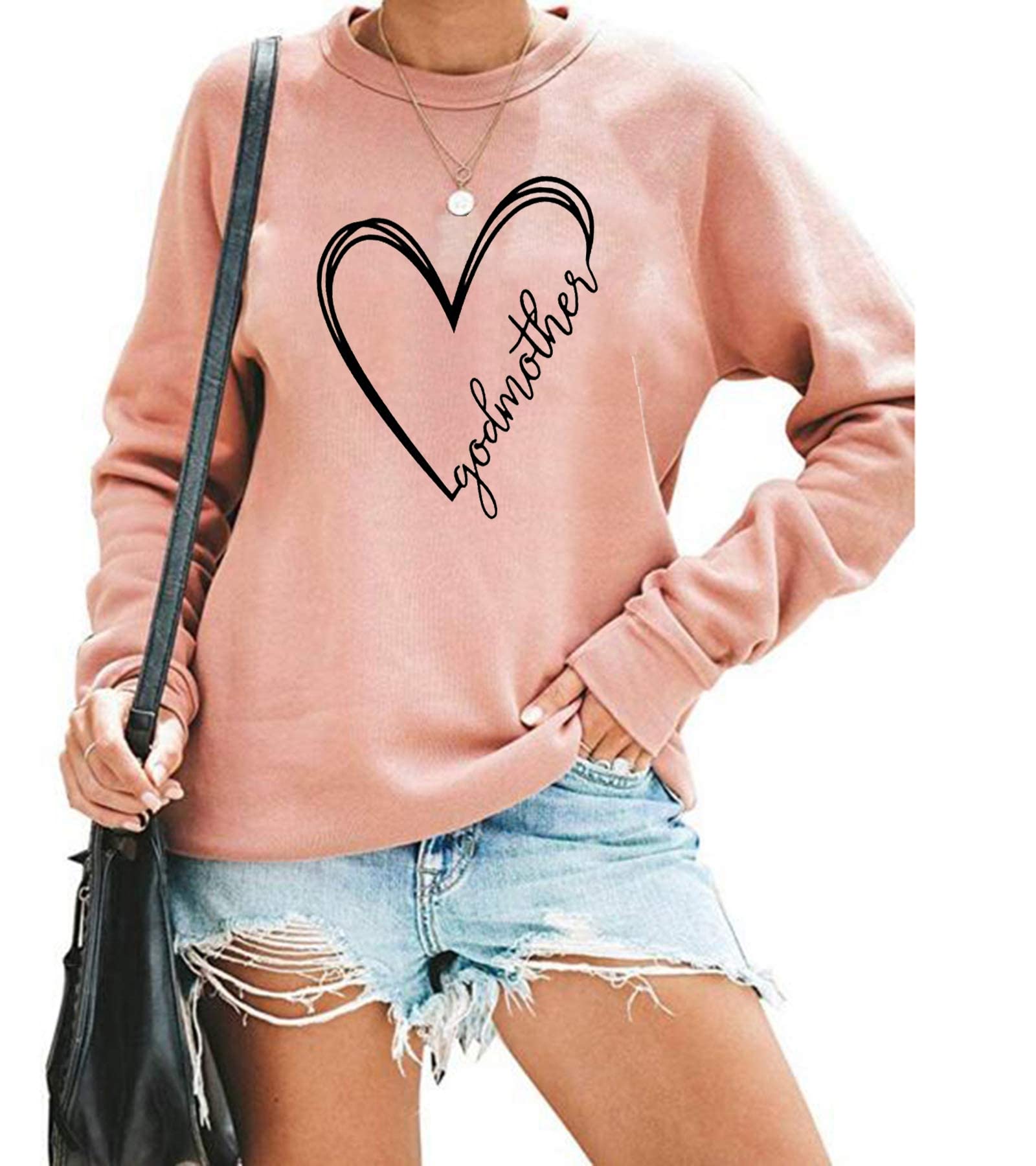SFHFY Godmother Crewneck Sweatshirt for Women Letter Print Mom Gift Shirts Long Sleeve Casual Pullover Top Pink