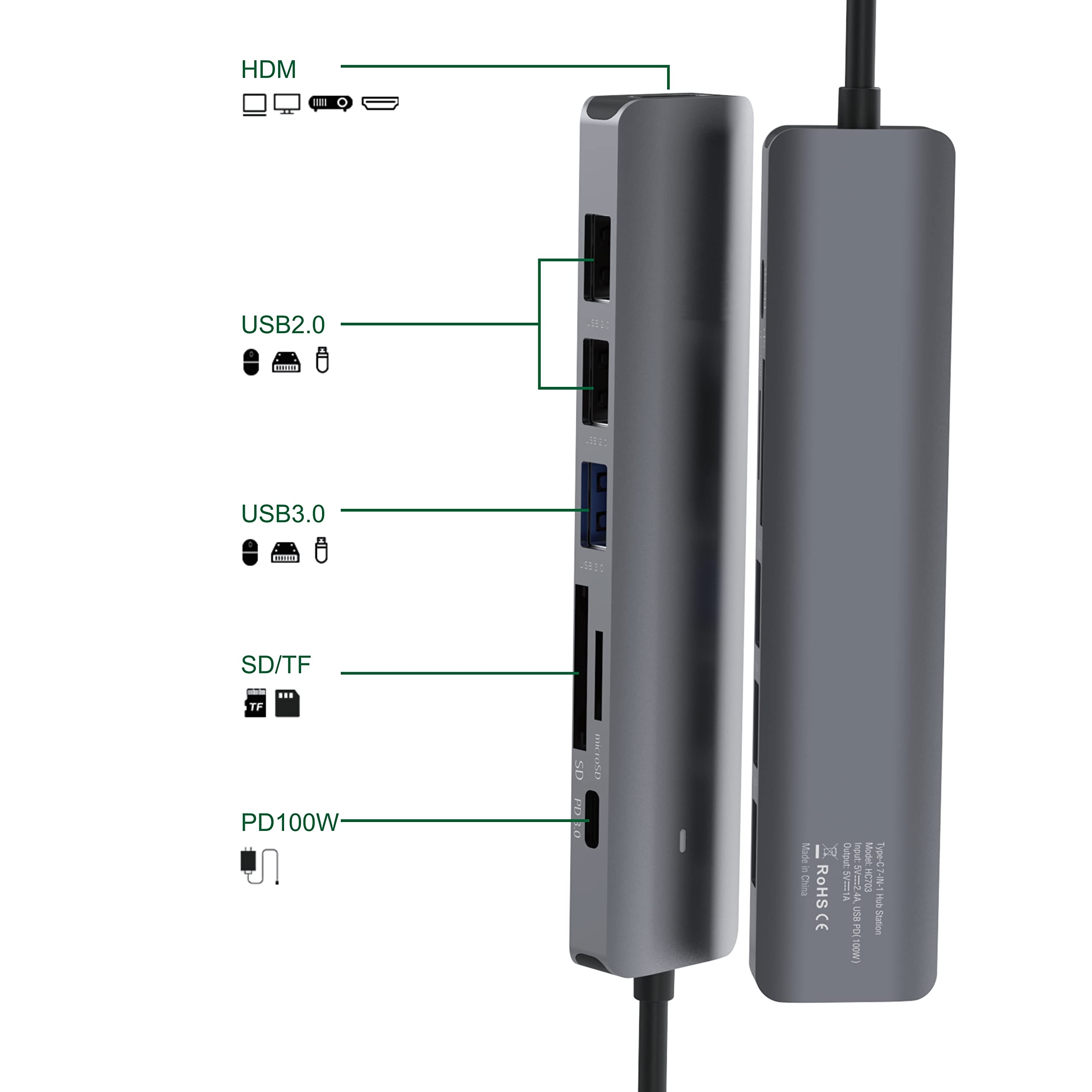 Type C Multi Port Adapter with 4K HDMI, USB3.0,100W PD Charging, TF SD Card Reader, USB2.0 USB-C to USB HUB Compatible for MacBook Smartphone Laptop Mouse Keyboard Printer Camera.