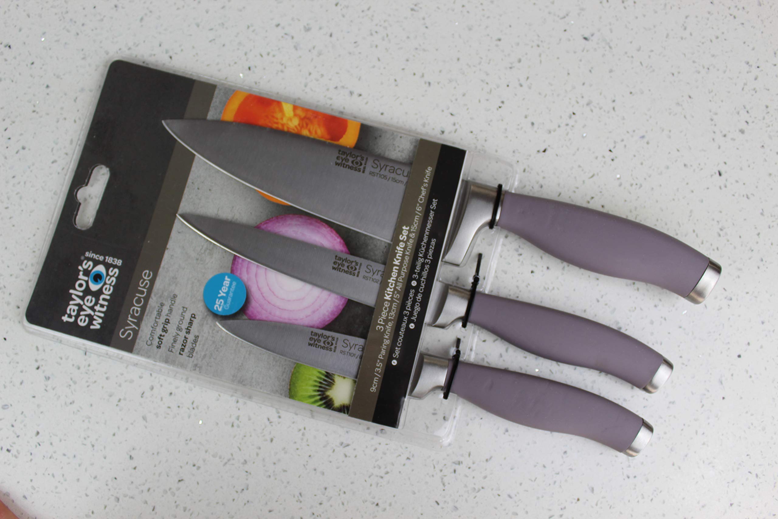 Taylors Eye Witness Syracuse Kitchen Knife 3pce Set - Paring 8cm/3.5β, Chefs 15cm/6β & Cooks All Purpose 13cm/5β Cutting Edge. Ultra Fine, Razor Sharp Blade. Soft Textured Grip Berry Colour Handle