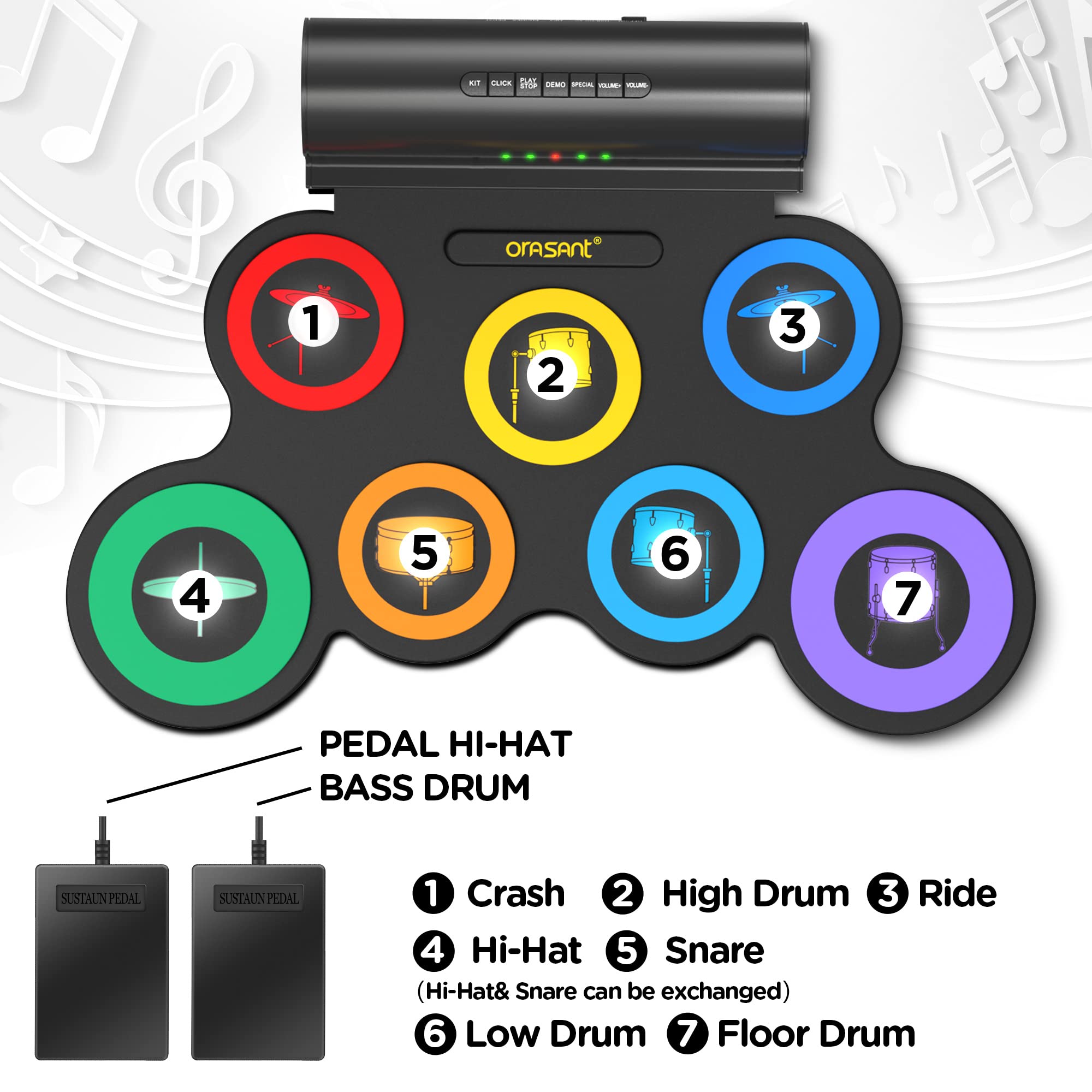 ORASANT Real-Effect Rechargeable Portable Electronic Drum Set, Multi-Functional Electric Drum Set with Volume Adjustable Built-in Speaker Headphone-Jack Foot Pedals Sticks 10H Playtime, Christmas Gift