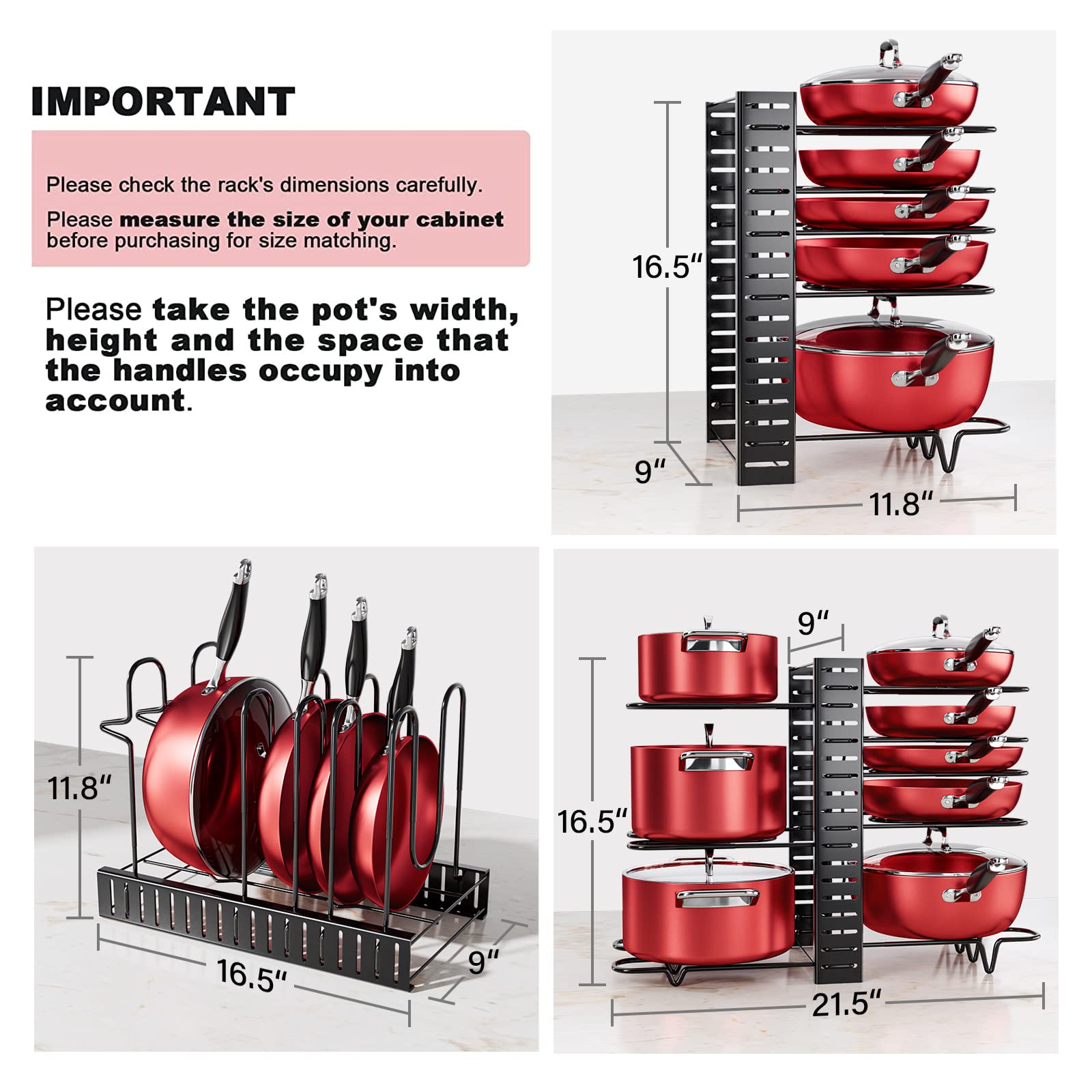MUDEELA 8-Tier Pots and Pans Organizer for Cabinet and Expandable Pan Organizer Rack Bundle