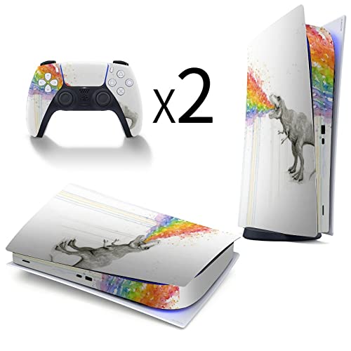T-Rex Dinosaur Rainbow Puke Art Full Protective Skin Cover Design Wrap Decal Sticker Compatible with PS5 Digital Edition Console and Controller