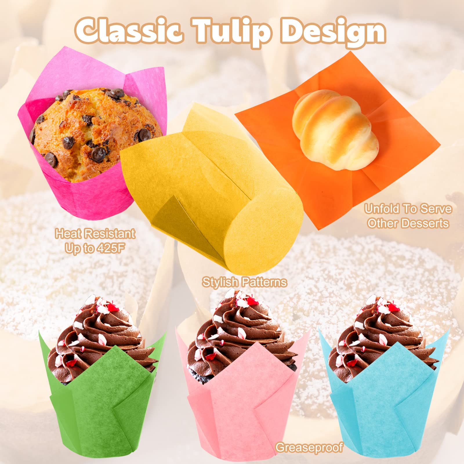 Queekay 180 Pcs Tulip Cupcake Liners, Baking Cup Holder Muffin Cupcake Liners Paper Wrappers Cupcake for Wedding Fall Thanksgiving Birthday Baby Shower Party Standard Size, 6 Colors