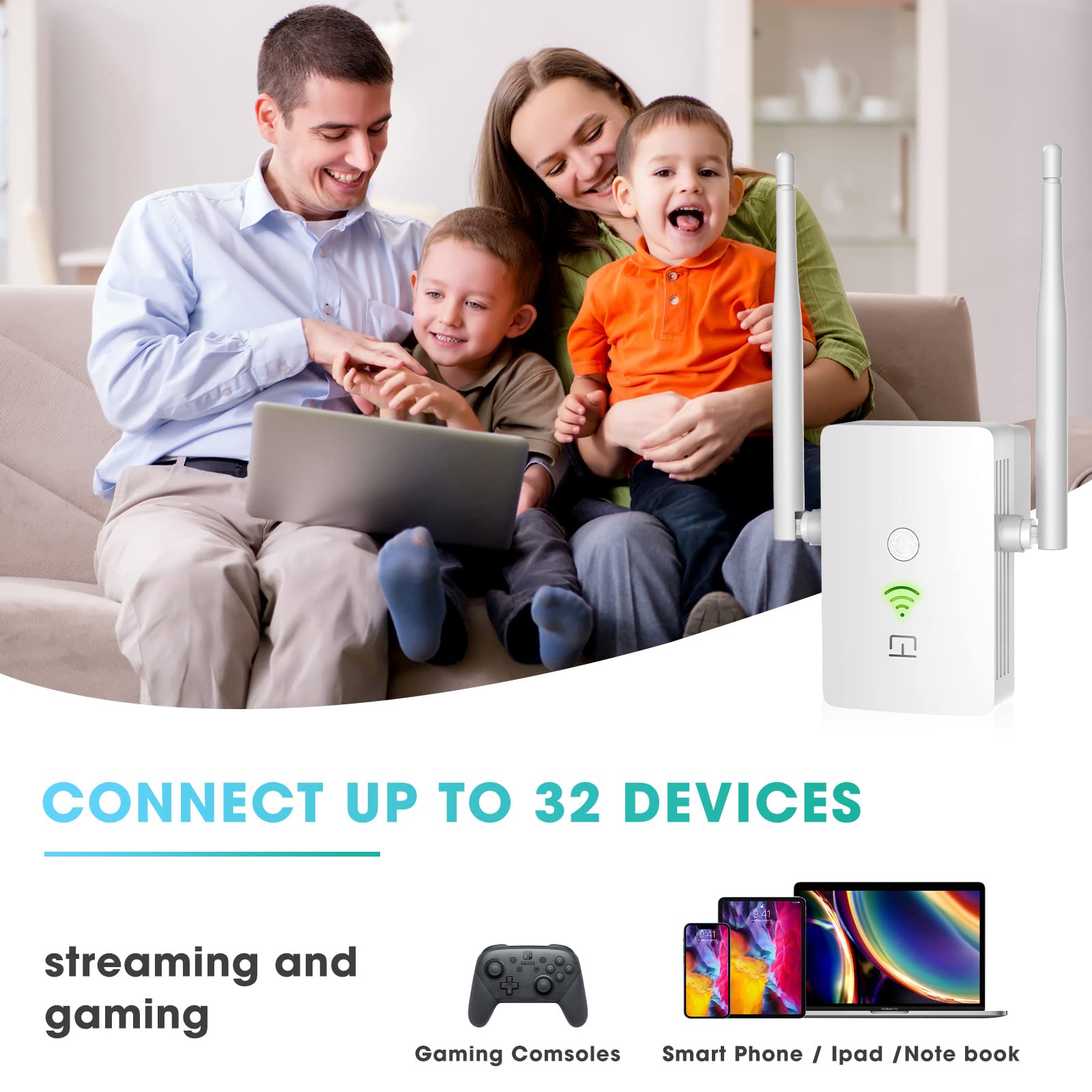 WiFi Extender Signal Booster Up to 3000sq.ft and 32 Devices , Wireless Internet Repeater, WiFi Range Extender, Long Range Amplifier, Up to 1200Mbps Speed, 2.4GHz/5GHz, 1-Tap Setup, Alexa Compatible