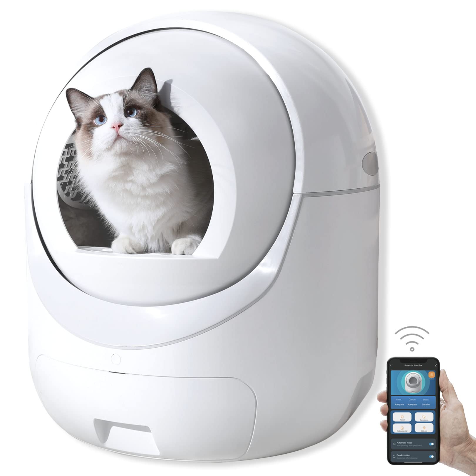 Large Self Cleaning Cat Litter Box, Pretty Automatic Cat Litter Box Robot with APP Control & Safe Alert & Smart Health Monitor for Kitty, Tidy Multiple Cats (White)
