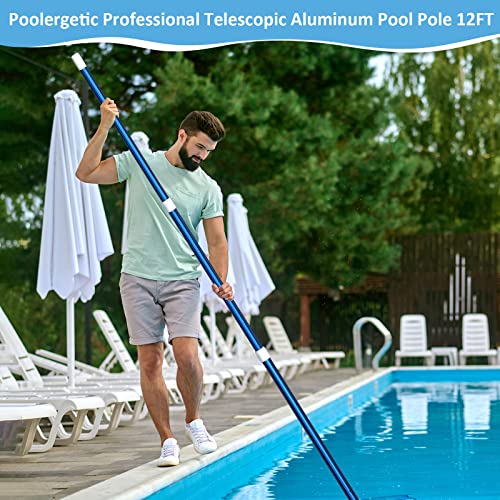 Poolergetic Pool Pole, Telescopic Pool Pole,Thickened Aluminum Pool Pole, Adjustable Length 4.5-12 Feet, Fit Pool Nets,Pool Brushes,Pool Leaf Rakes,Pool Vacuum Heads