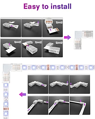 L Shape LED Connectors 4-Pin JACKYLED 10mm LED Right Angle Connectors Solderless RGB Corner Connectors Adapter Extension for 3528/5050 Strip Lights (6pcs L Shaped PCBs, 12pcs Clips)