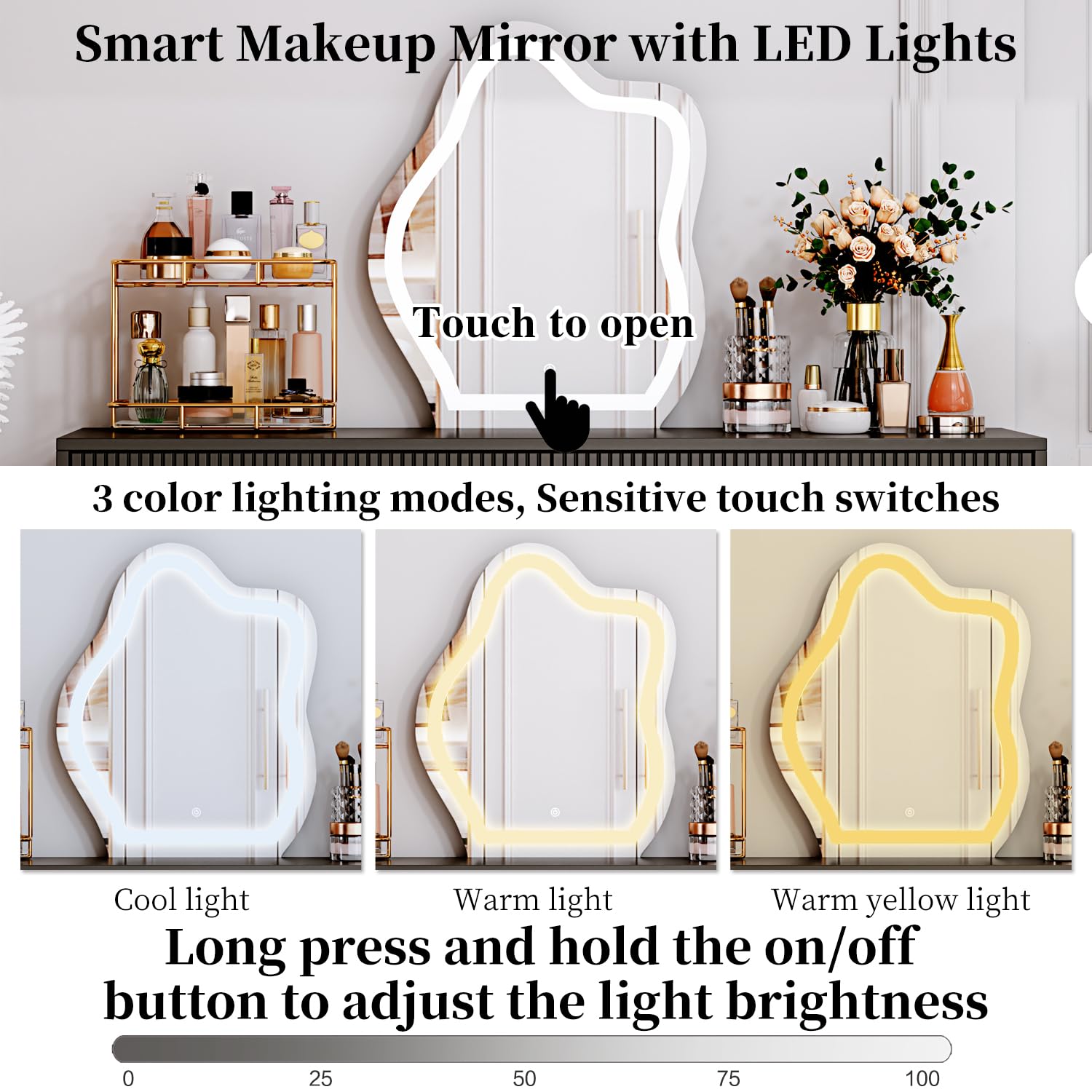 Vanity desk with mirror and lights, with 3 Color Touch Screen Dimming Mirror, Modern Retractable Makeup Dressing Table with Adjustable Cabinet and 5 Sliding Drawers,Vanity Table with Power Strip,Black