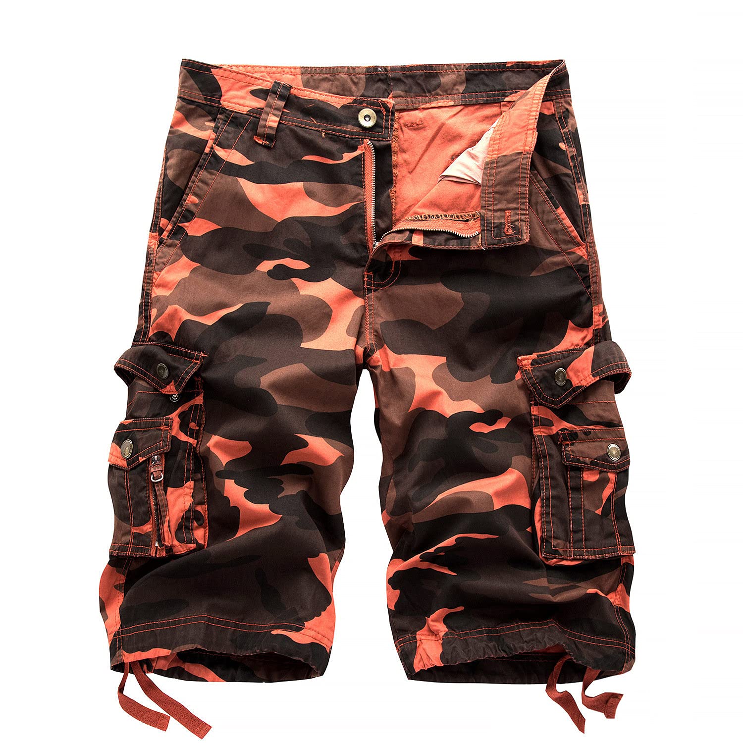 Men's Camouflage Cargo Shorts Lightweight Short With Multi Pockets Casual Loose Outdoor Beach Short (Orange,36)