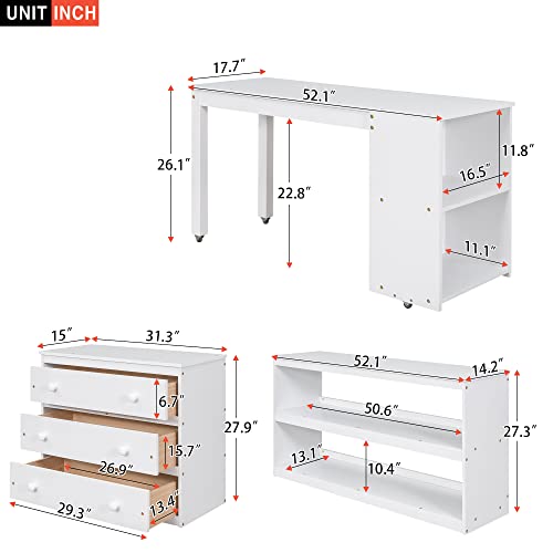 Merax Solid Wood Full-Size Low Loft Bed Frame with Ladder for Kids Bunk, Cabinet + Desk, Pure White