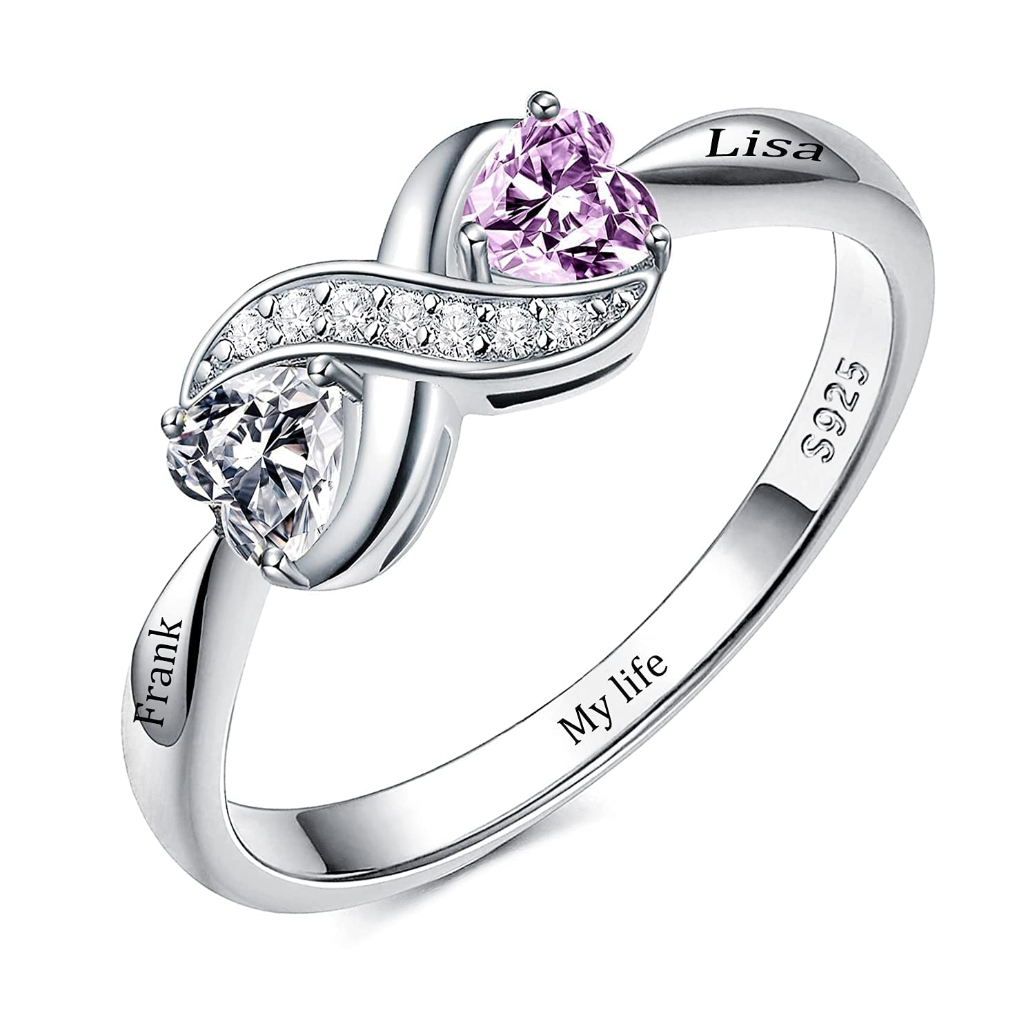LUCA SMITH Sterling Silver Anniversary Rings Engagement Ring Promise Rings For Women 2 Heart Birthstones 2 Name & 1 Engraving Customized & Personalized Ring