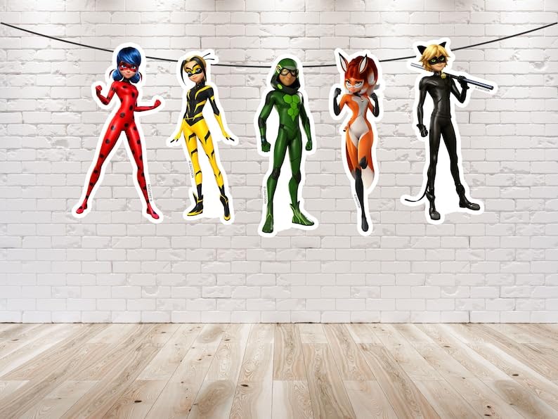 Miraculous Ladybug Banner for Birthday Decorations. Cartoon Miraculous Ladybug Friends Wall Decor for Theme Party.