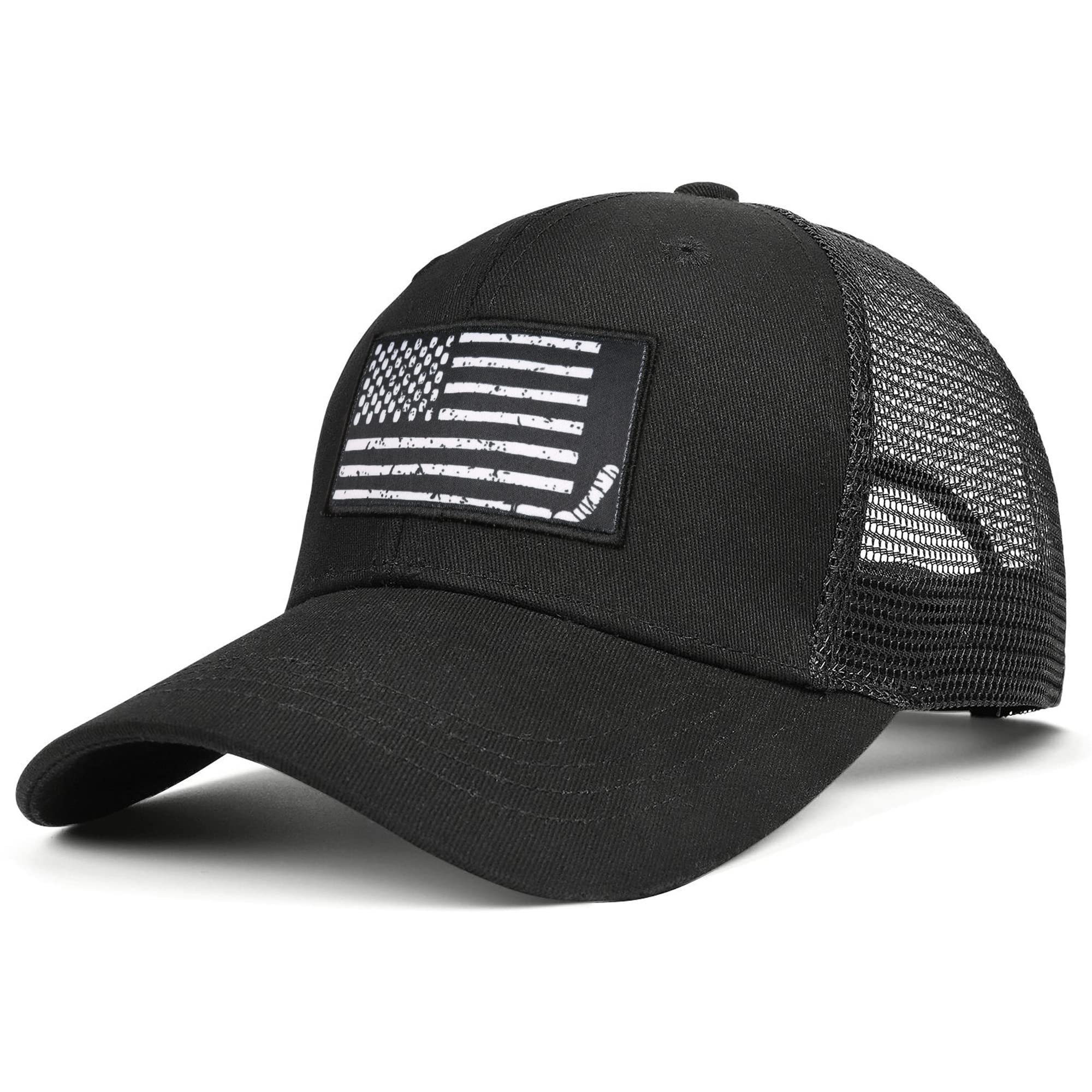 Nuyjimr Hockey Stick and Pucks American Flag Trucker Hats for Women Men Mesh Golf Cap Running Hat Adjustable Outdoors Black, One Size