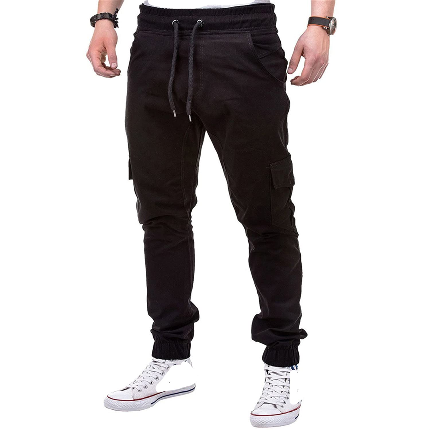 Men's Drawstring Waist Military Jogger Pants Hip Hop Cargo Multi Pockets Trousers Casual Slim Fit Athletics (Black,Small)