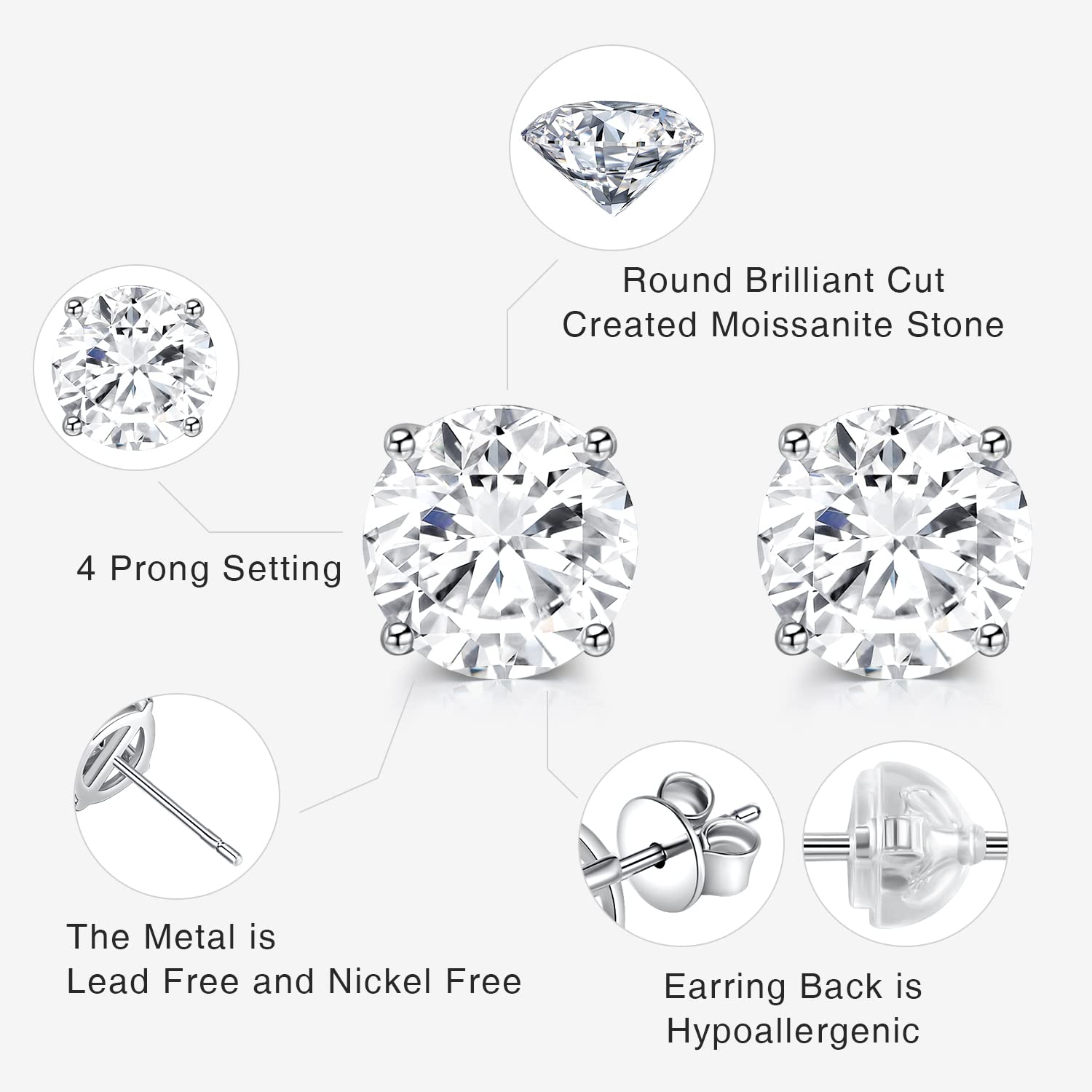 PN Moissanite Stud Earrings, 0.5ct-2ct DF Color Brilliant Round Cut Lab Created Diamond Earrings