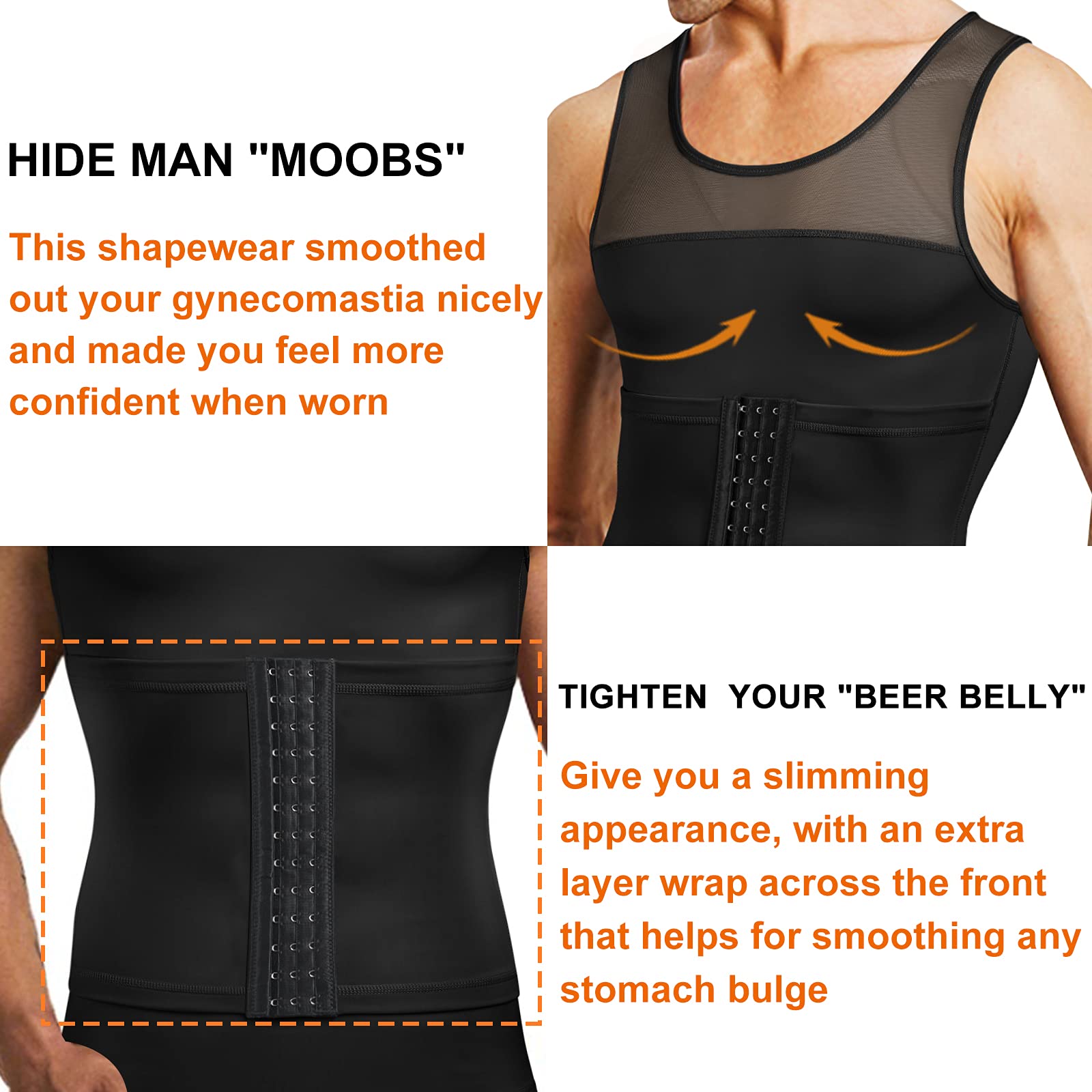 MOLUTAN Mens Compression Shirt Slimming Body Shaper Vest Sleeveless Waist Traner Workout Tank Top Tummy Control Shapewear (Black, Large)